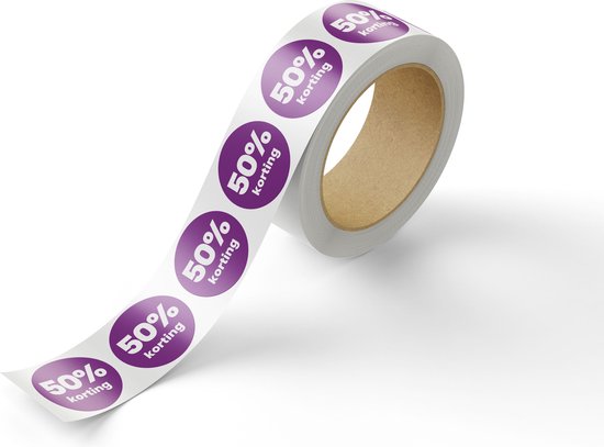 50% korting stickers - 40 mm rond - 500 stuks op rol - Kortingstickers ...