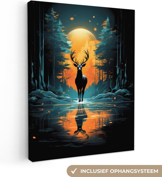 Canvas Schilderij Retro - Hert - Natuur - Water - Bomen - Dieren ...