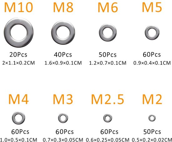 400 stuks platte sluitringen, sinzau 8 maten M2 M2,5 M3 M4 M5 M6 M8 M10 roestvrij... | bol