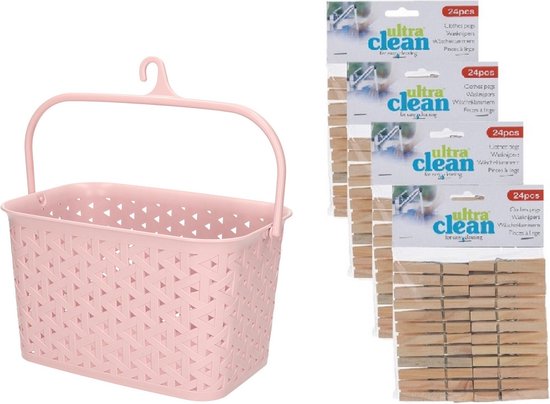 Wasknijpersmandje met ophanghaak - roze - en 96x houten wasknijpers 7 ...