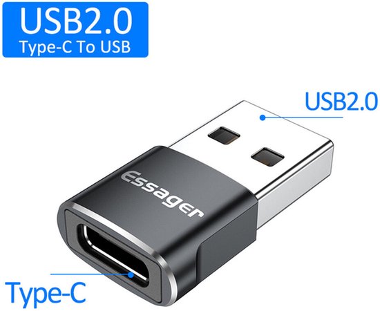 Essager USB 2.0 naar USB-C Mini Adapter 3A On The Go Converter Zwart | bol