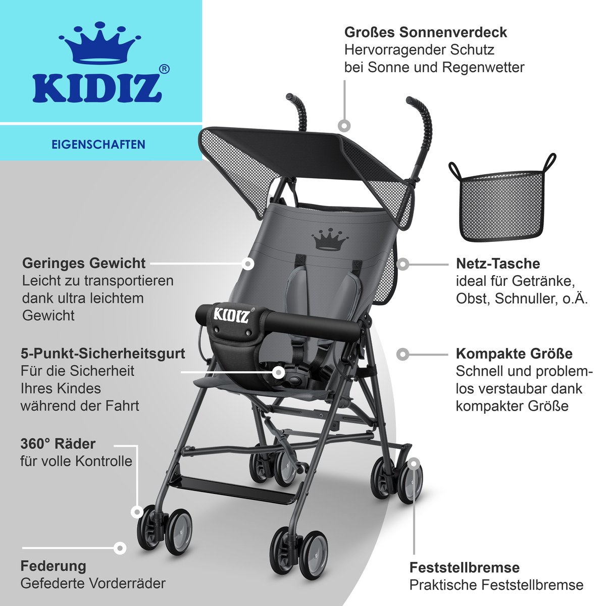 KIDIZ® Kinderwagen CITY Buggy Kinderwagen Opvouwbaar 360° 4-inch wielen ...