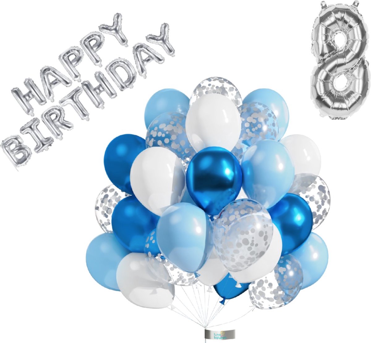 Luna Balunas 8 Jaar Ballonnen Set Zilver Blauw Helium - Verjaardag ...