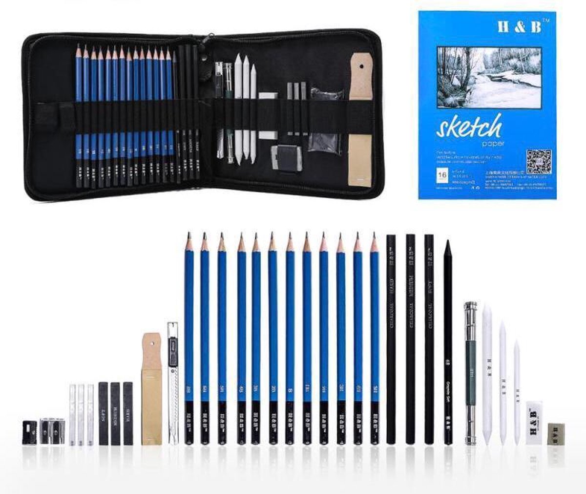 33 Stuks - Opbergmap Potloden - Sketch set - Professionele Tekenset ...