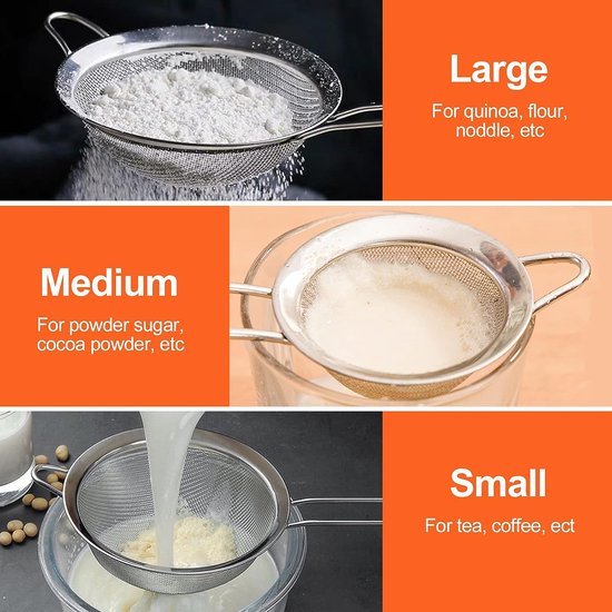 Set van 3 roestvrijstalen keukenzeefjes 19/25/36,5 cm, fijnmazige zeef ...