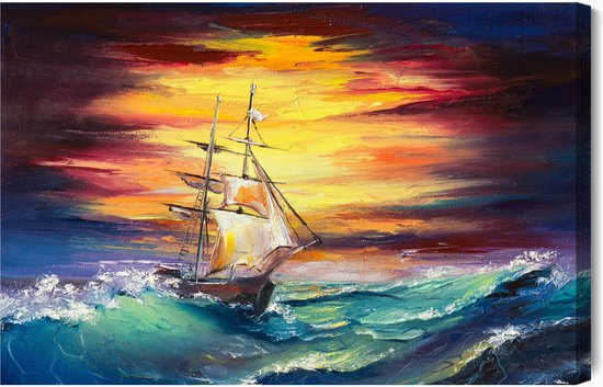 Schilderijkoning - Canvas Schilderij Ruwe Zee En Een Schip - 120 x 80 ...
