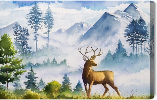Schilderijkoning - Canvas Schilderij Berglandschap Met Herten - 120 x 80 cm | bol.com