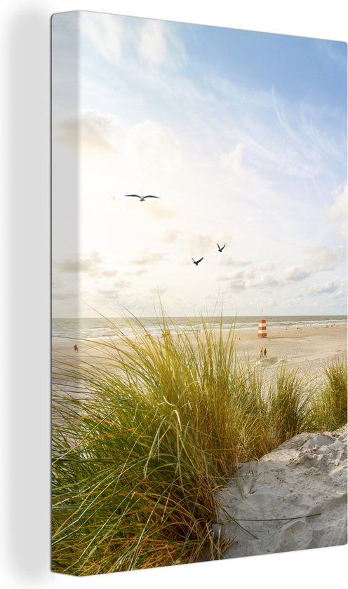 Canvas schilderij - Duin - Zon - Vogel - Strand - Zand - 20x30 cm ...