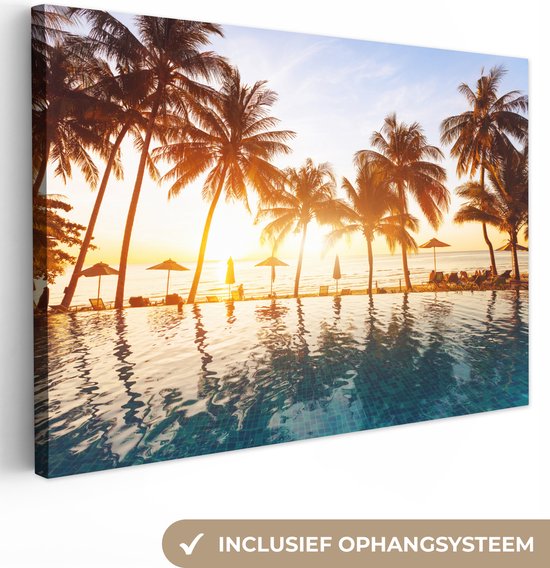 Canvas schilderij 140x90 cm - Wanddecoratie Zee - Zwembad - Palmboom - Vakantie -... | bol