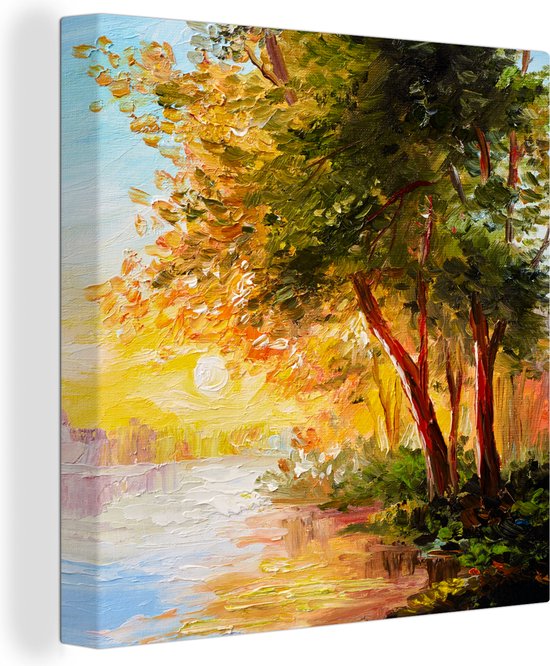 Canvas - Schilderij - Natuur - Bomen - Water - Olieverf - 90x90 cm - Canvasdoek -... | bol