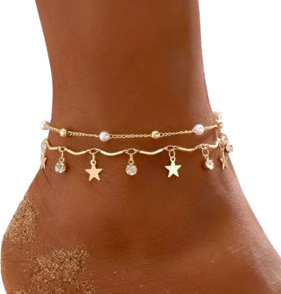 Set van 2 Enkelbandjes - Goudkleurig - 2 Stuks - Parels & Sterren ...