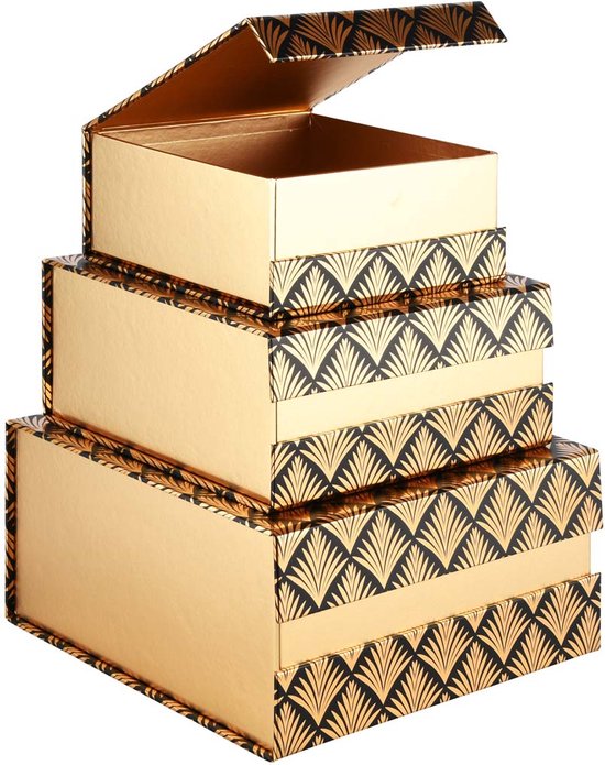 Dekoratief | Set 3 dozen vierkant 'Golden Lotus', zwart/goud, 21x21x10cm | A215686 | bol.