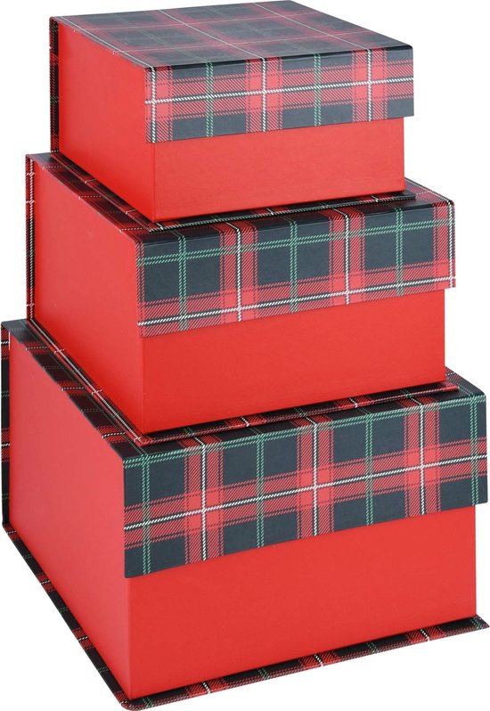 Dekoratief | Set 3 dozen geruit, VK, rood/zwart, karton, 23x23x14cm | A225137 | bol