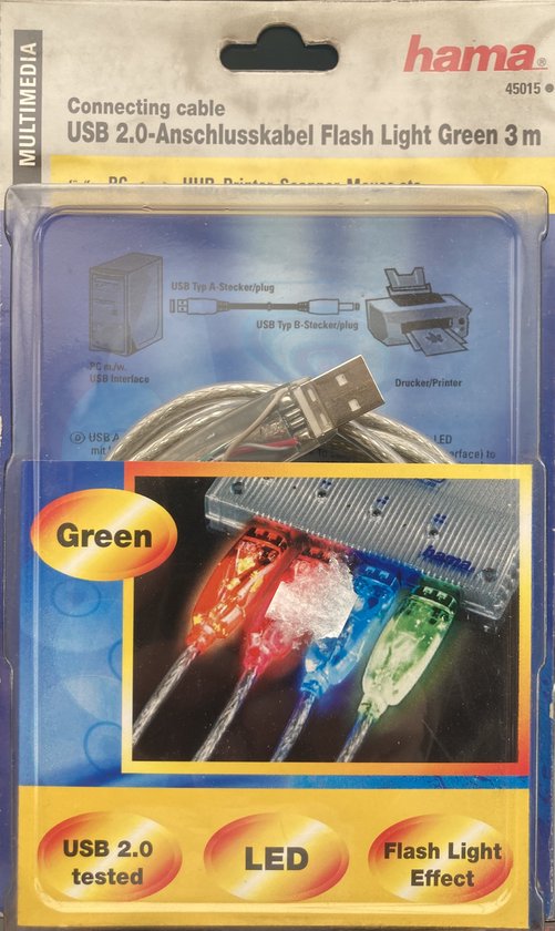 Hama - connecting cable USB2.0 Flash light green voor PC met HUB- 3m | bol