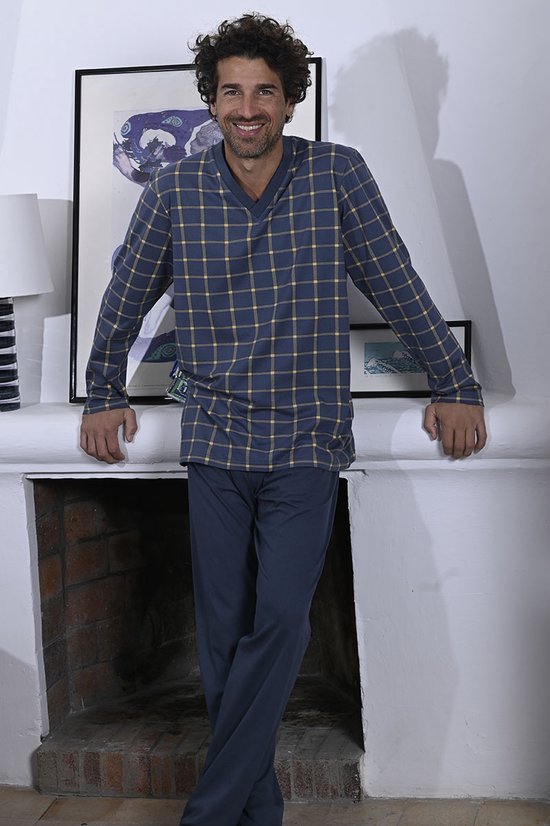 Blauwe heren pyjama gele ruit | bol.com