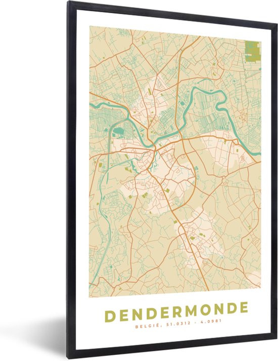Fotolijst incl. Poster - Plattegrond - Kaart - Dendermonde - Vintage ...