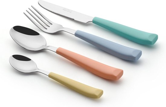 Bestekset 24-delig roestvrij staal met levendig gekleurde plastic ...
