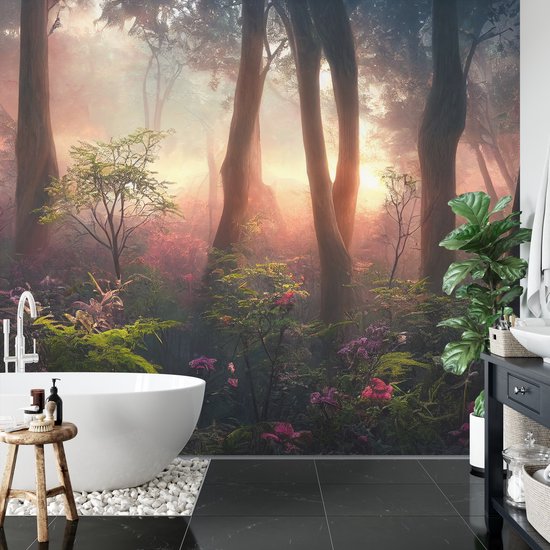 Fotobehang Colorful Sunset Forest Scenery With Beautiful Trees And ...