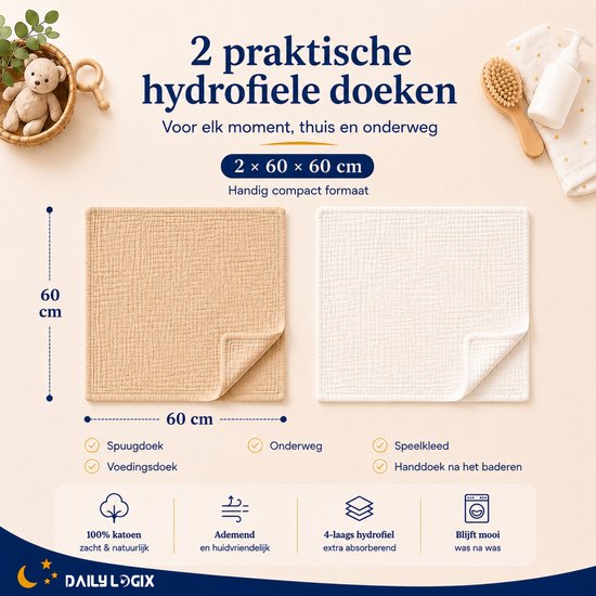Daily Logix Hydrofiele Doeken 60x60 cm Set van 2 – Voedingsdoek Baby ...