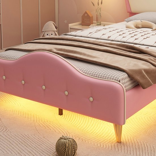 VVBV Gestoffeerd Kinderbed 90x200 cm - LED-Verlichting, Kroonhoofdbord ...