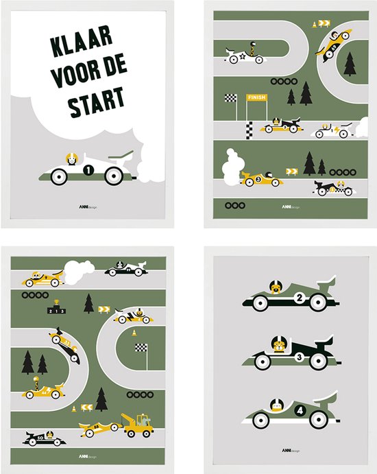 Poster set Raceauto groen grijs 4x maat A4 – raceauto – formule 1 ...
