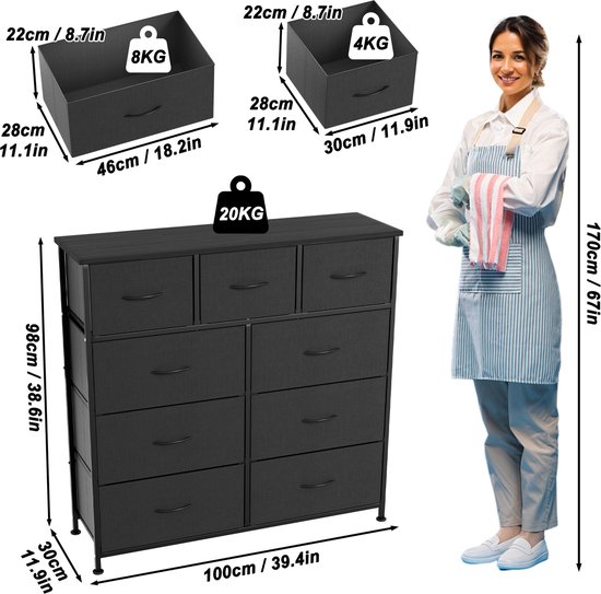 Commode met laden, sideboard, 9 stoffen laden met handgrepen ...
