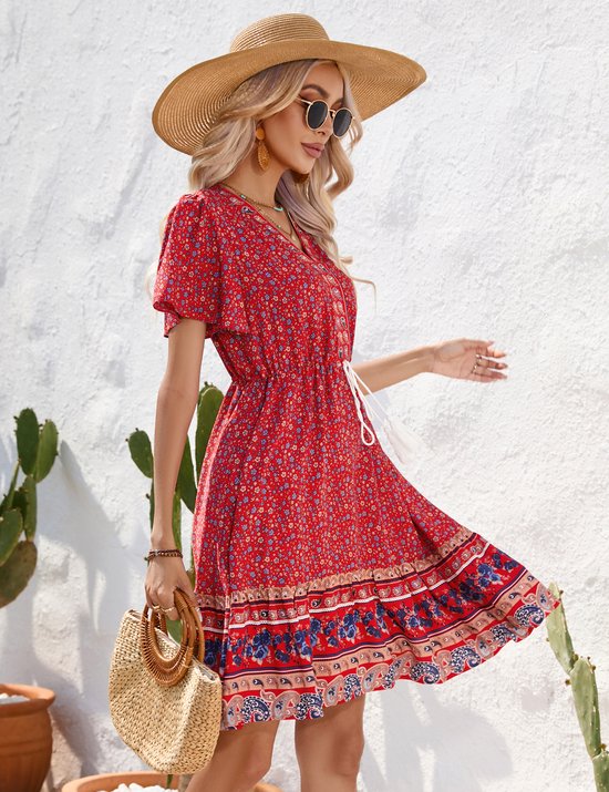 Zomerjurk voor dames Boho tuniekjurk Korte mouwen Mini-jurken V-hals strandjurk Korte... | bol