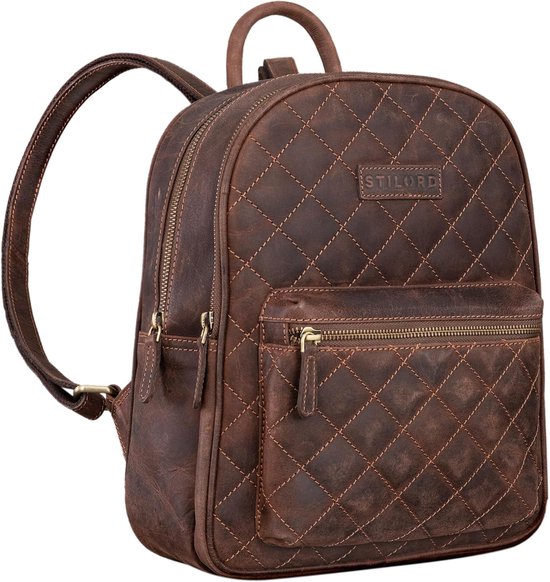 Vintage Leren Rugtas Dames met Ruitjespatroon - Praktische Stadsrugzak ...