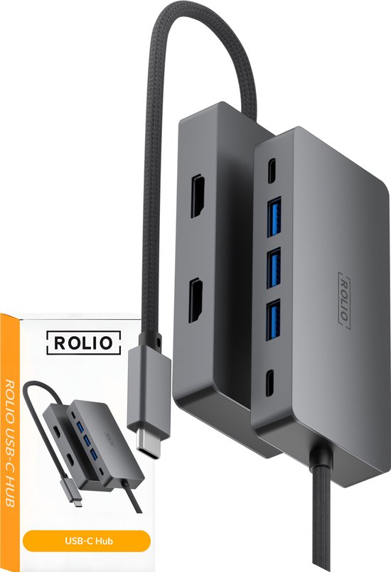 Rolio USB C Hub - Dual Monitor - 2x HDMI 4K - 2x USB-C - 3x USB 3.0 - Geschikt voor... | bol