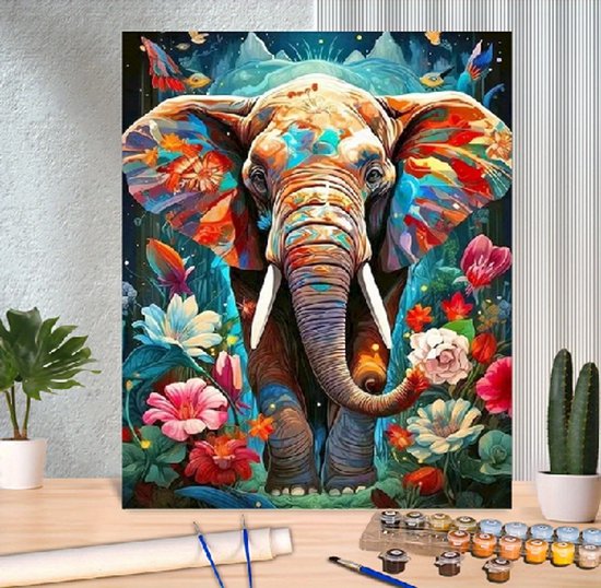 Schilderen op nummer - Olifant - Acrylset - Olifant Bloemen - Verf op ...