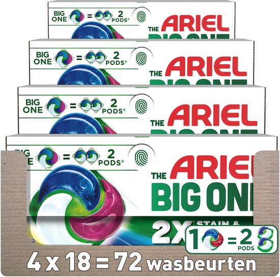 Ariel The Big One Wasmiddel Pods Stralende Kleuren - 4 x 18 Wasbeurten ...