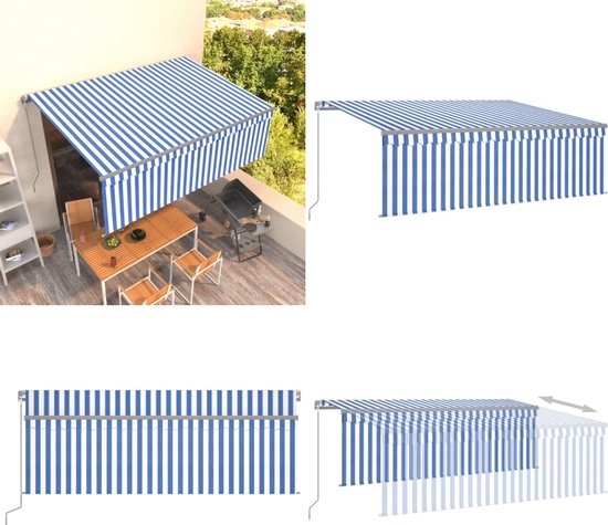 vidaXL Luifel handmatig uittrekbaar met rolgordijn LED 4x3 m blauw wit ...