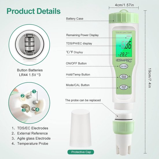 4-in-1 pH Meter voor Waterkwaliteit: TDS, EC, Temperatuur en pH Tester ...
