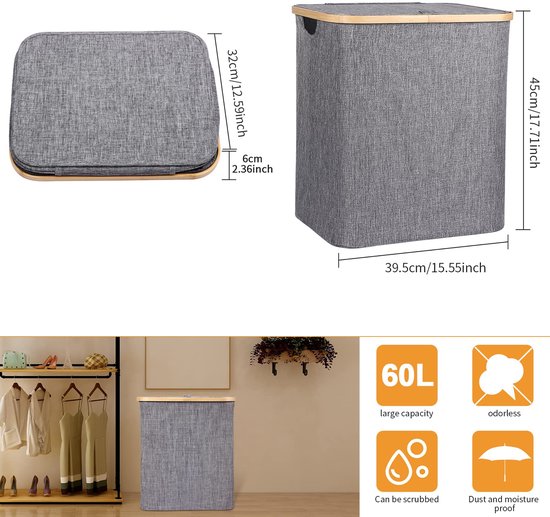 Aokyom Wasmand met deksel, 60L Opvouwbare wasbox Wasmand Pop-up wasboxen Waskist... | bol