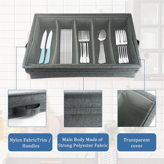 Cutlery Storage Box with 4 Adjustable Partitions and Transparent ...