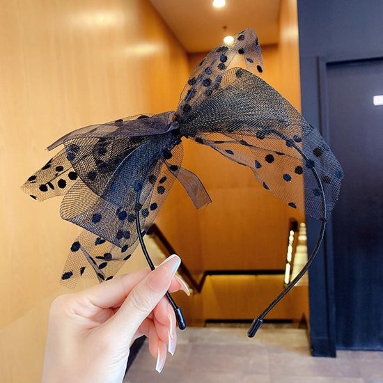 Haarband met grote tule strik en stippenpatroon - Elastisch en elegant ...