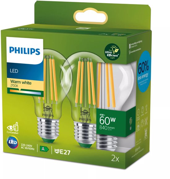 Philips Ultra Efficient LED lamp Transparant - 60 W - E27 - Warmwit ...