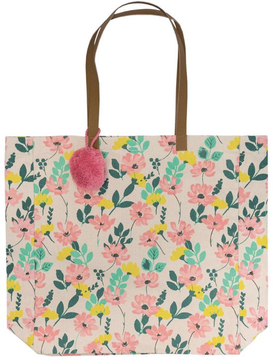 ECCOLO Canvas Tote with Pom-Pom - Pink Floral H42xL47xW7cm | bol