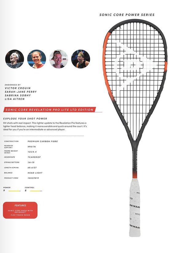 Dunlop Sonic Core Revelation Pro Lite Squashracket - Lichte kopbalans ...