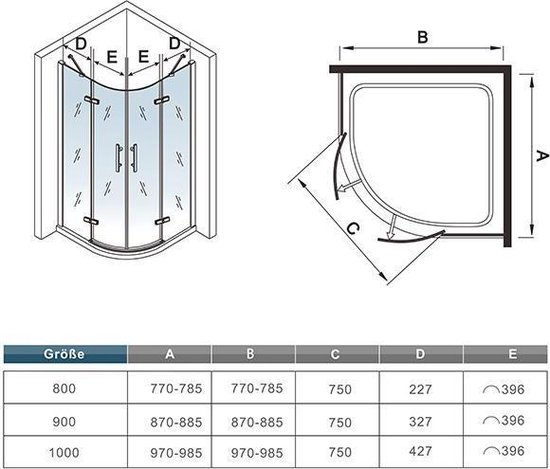 kwartronde douchecabine 80x80x195cm,dubbele draaideur,hoek-instap ...