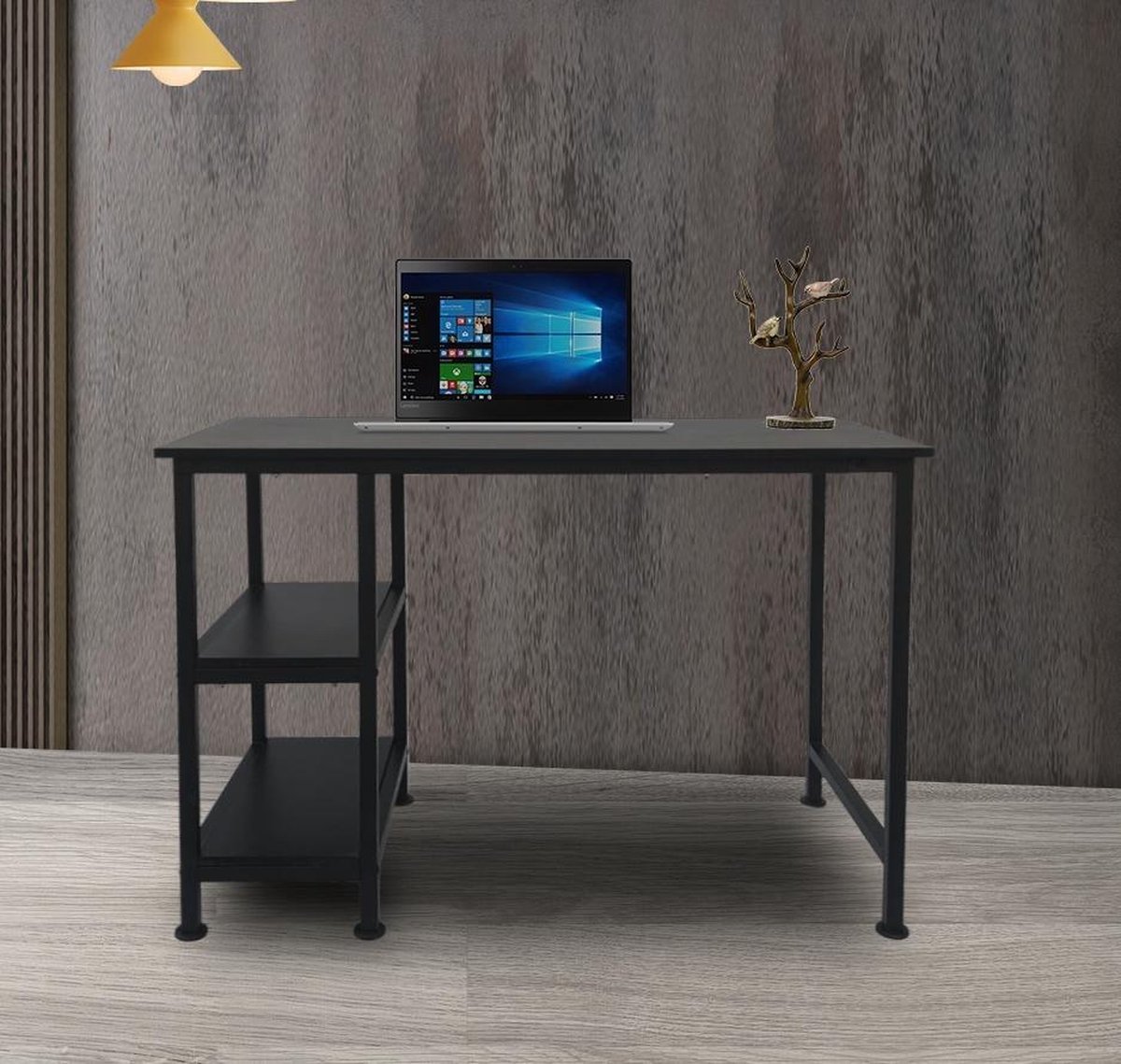 Bureau computer tafel - met opbergplanken - zwart metaal hout - 110 cm ...