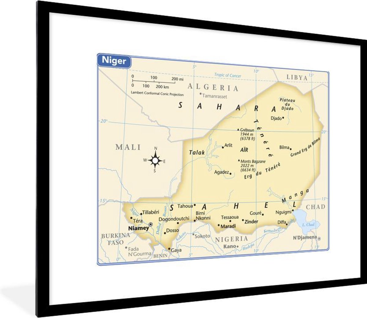 Fotolijst incl. Poster - tekening van een kaart van Niger - 80x60 cm ...