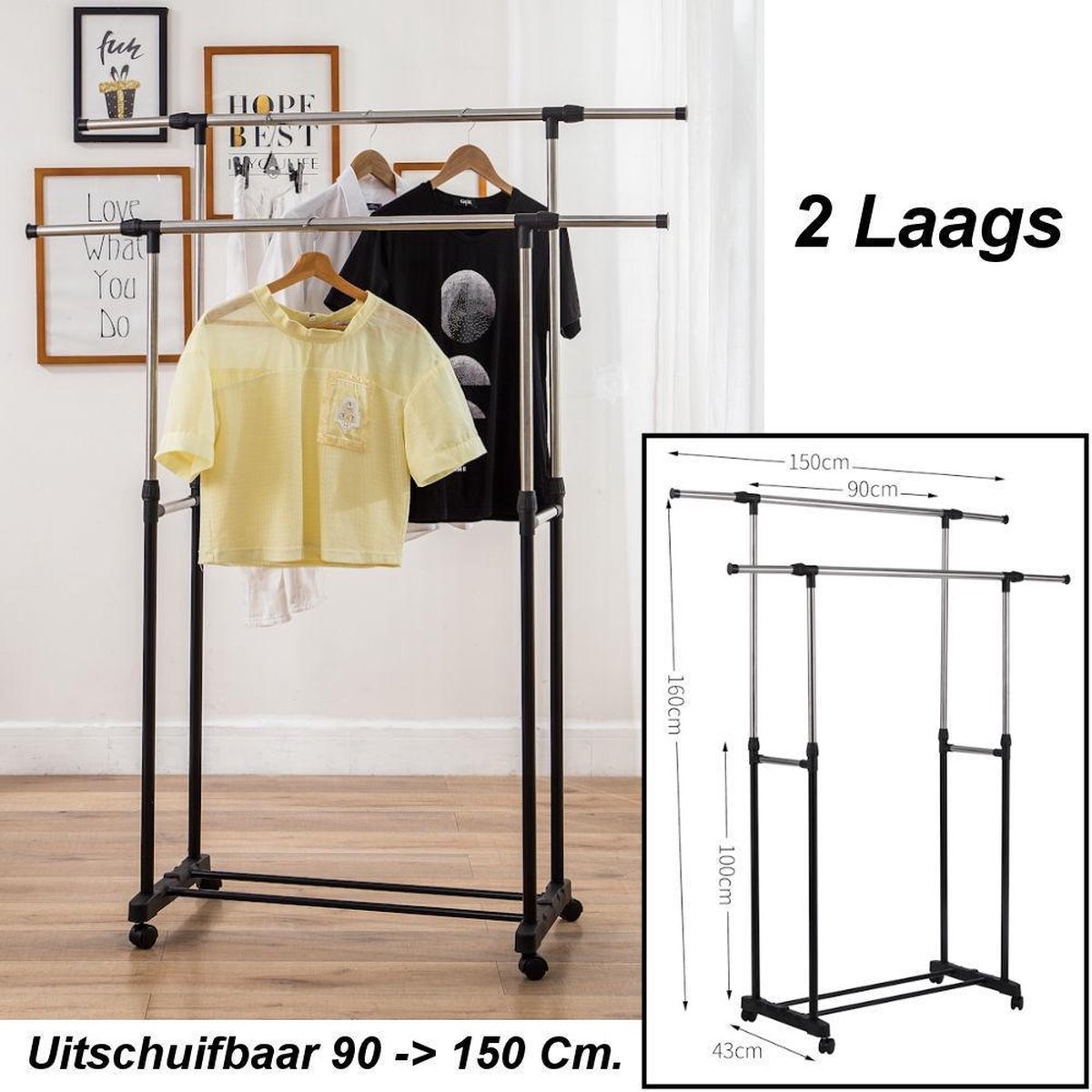 Decopatent® Kledingrek op wieltjes 2 Laags - Verstelbaar Hoogte 100-160 ...