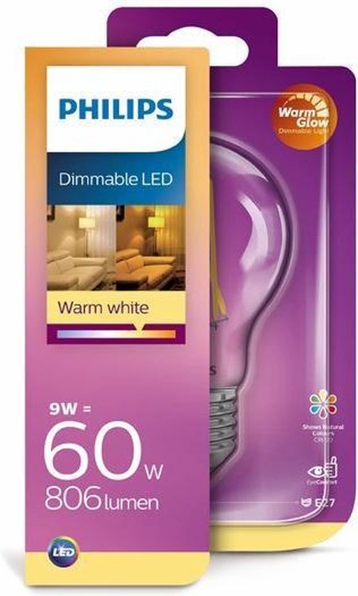 Philips Filament LED lamp WarmGlow Lichtbron - Fitting E27 - Dimbaar | bol.com