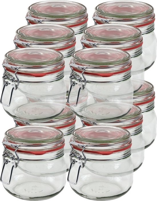 12x Weckpot/inmaakpot 500 ml met rode rubberen ring, klepdeksel en ...