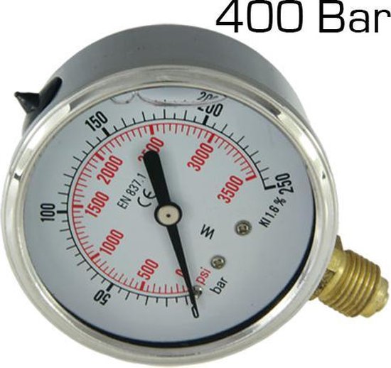 Manometer 0 - 400 Bar RVS glycerine gevuld onderaansluiting 1/4 inch ...