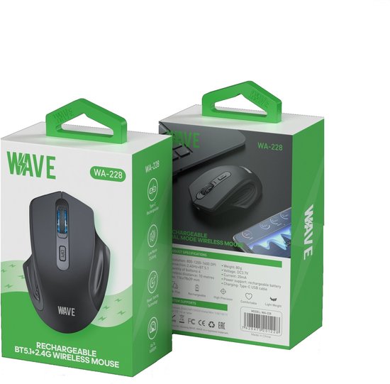 Wave | Draadloze Muis | Silent | USB-C Aansluiting | Bluetooth 5.1 + 2 ...