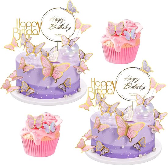 Cake Topper - 44pcs Roze en Paarse Vlinder Cake Decoraties - Happy ...