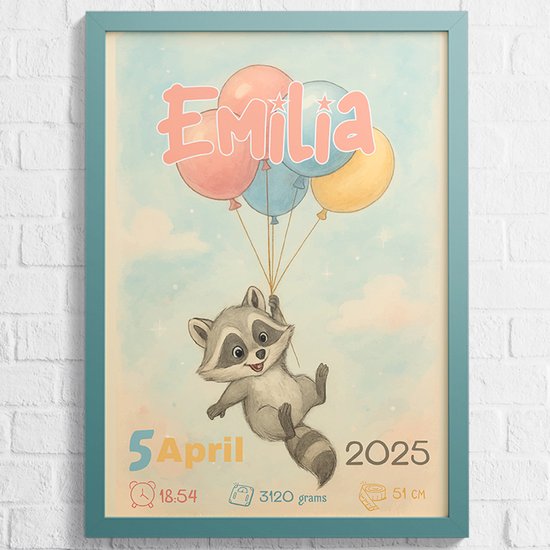 Baby / Geboorte poster - Wasbeer - Gepersonaliseerd met naam en ...