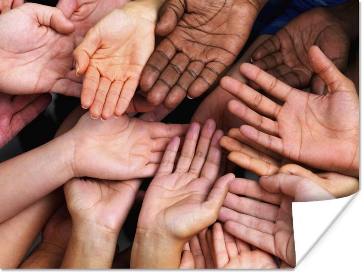 Poster Handen met verschillende huidskleuren met de palmen naar boven ...